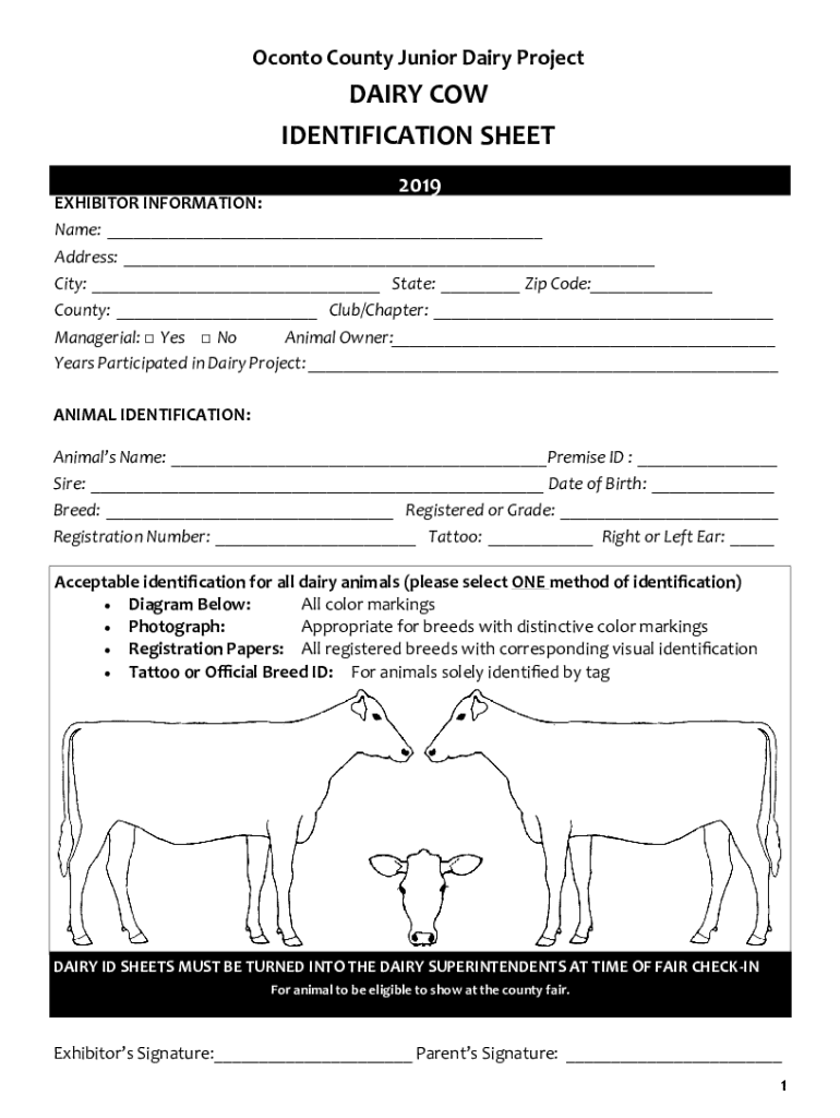 Fillable Online DAIRY COW IDENTIFICATION SHEET Fax Email Print - pdfFiller
