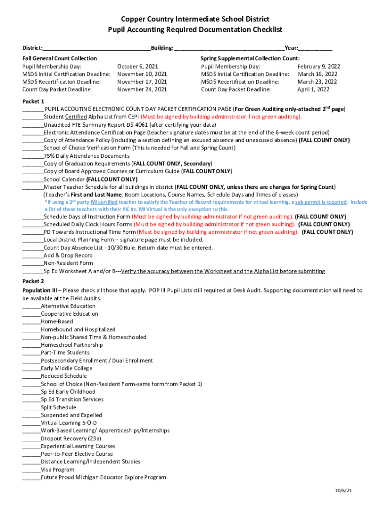 Fillable Online Pupil Accounting Required Documentation Checklist Fax ...