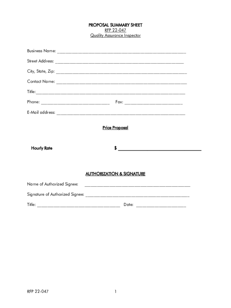 Fillable Online RFP 22-047 1 PROPOSAL SUMMARY SHEET ... Fax Email Print ...