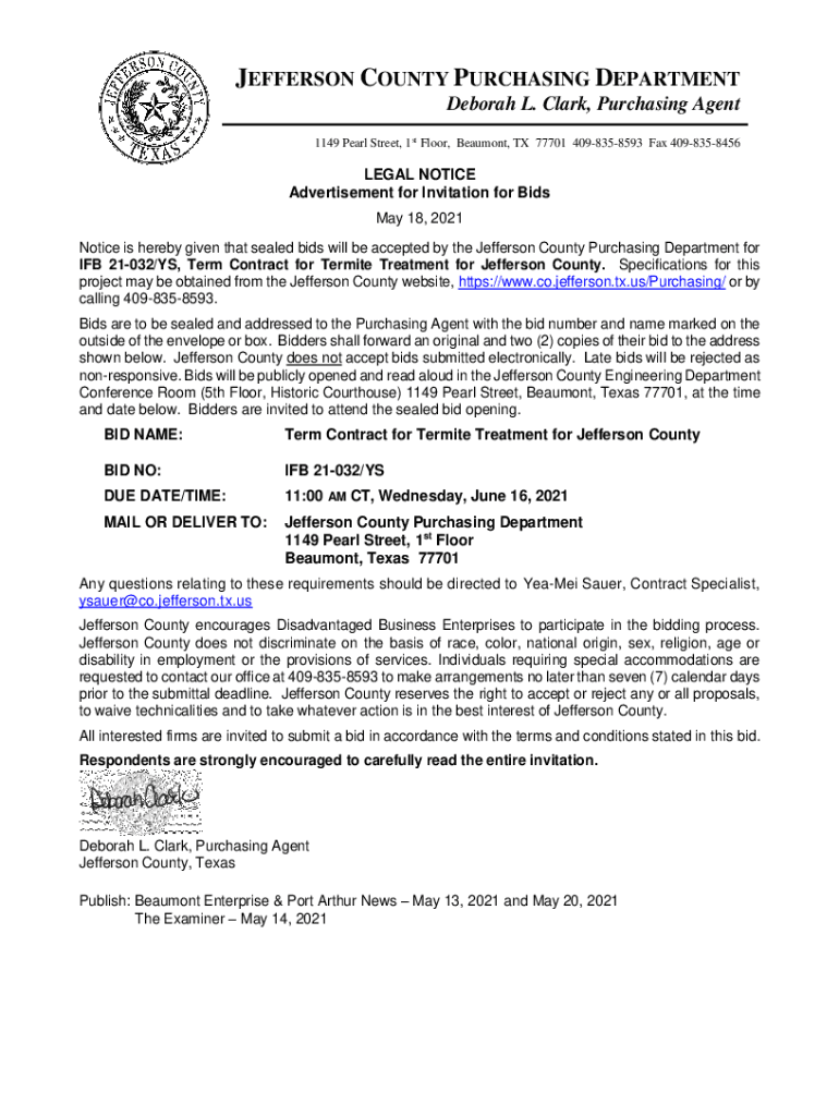 Fillable Online IFB 21-032/YS, Term Contract for Termite Treatment for ...