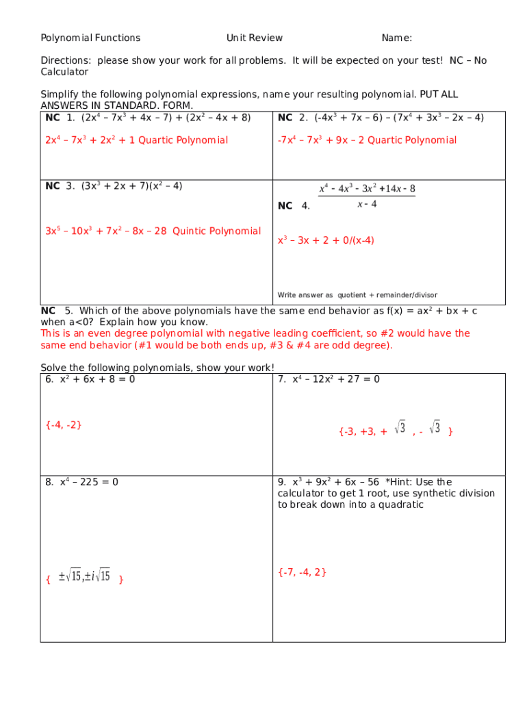 Polynomial Test ReviewKey Doc Template | pdfFiller