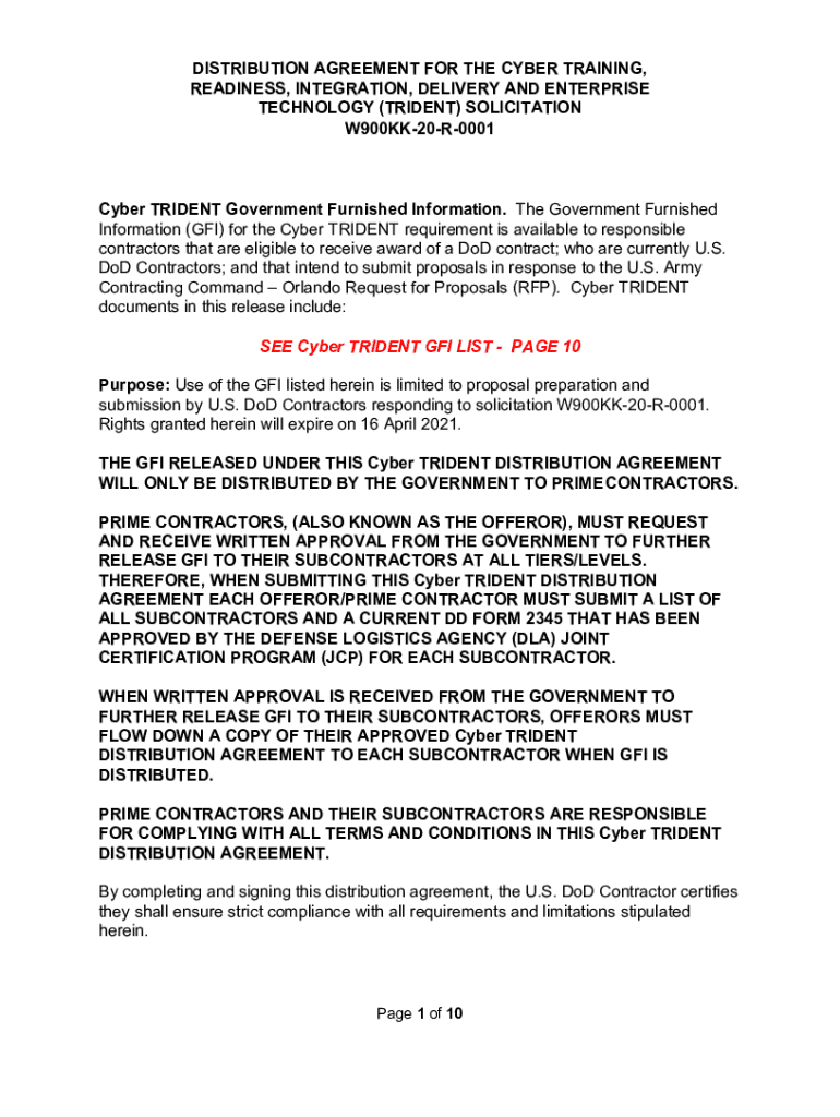 Fillable Online Distribution Agreement - Cyber TRIDENT Solicitation ...