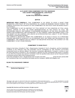 ALTA Short Commitment for a Short Residential ... Doc Template | pdfFiller