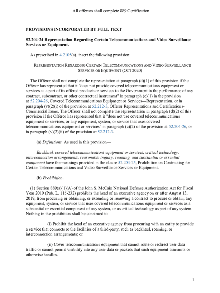 Fillable Online All offerors shall complete 889 Certification Fax Email ...