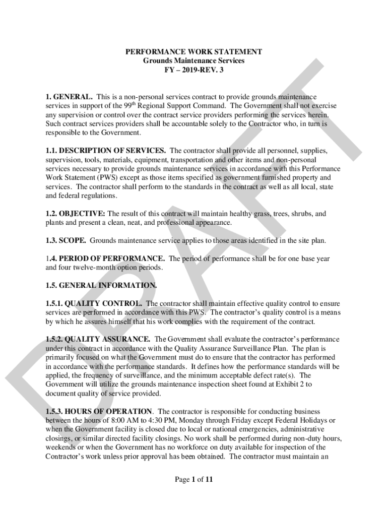 Fillable Online PERFORMANCE WORK STATEMENT (PWS) For Grounds ... Fax ...