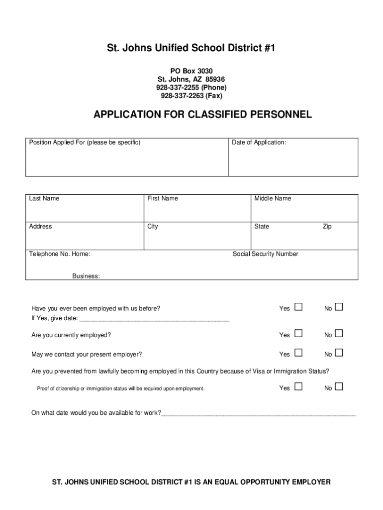 Fillable Online St. Johns Unified School District #1Saint Johns AZ Fax ...