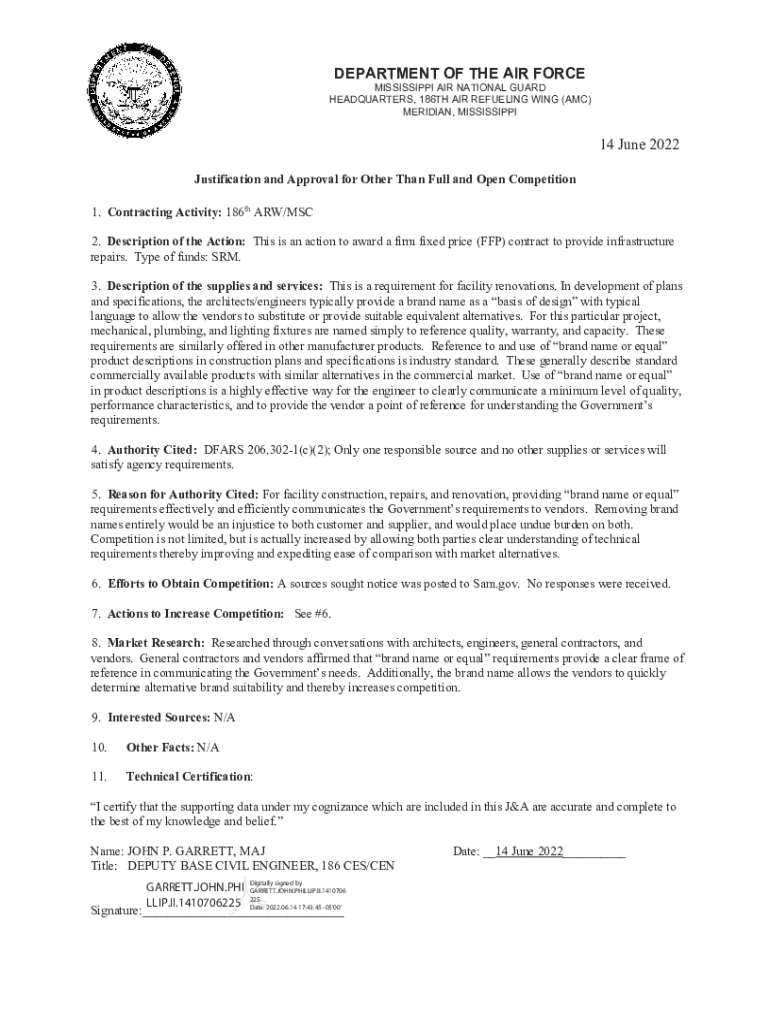 Fillable Online JA for Other than Full and Open Competition-MDVL222105 ...