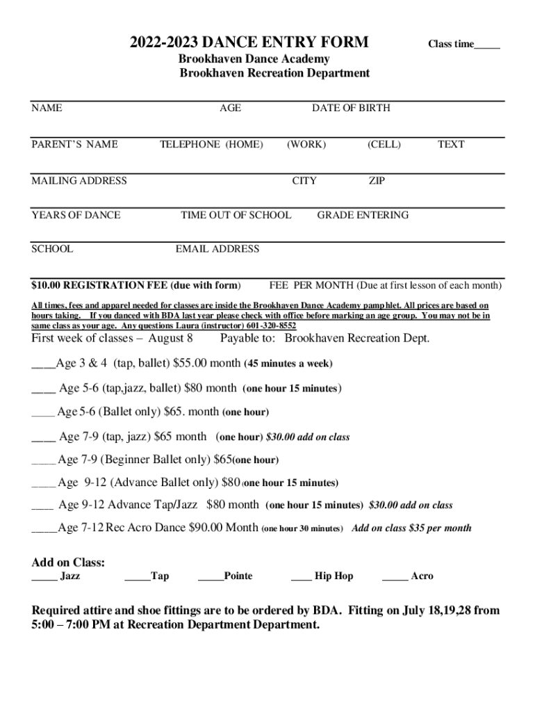 Fillable Online 2008-2009 DANCE ENTRY FORM Fax Email Print - pdfFiller