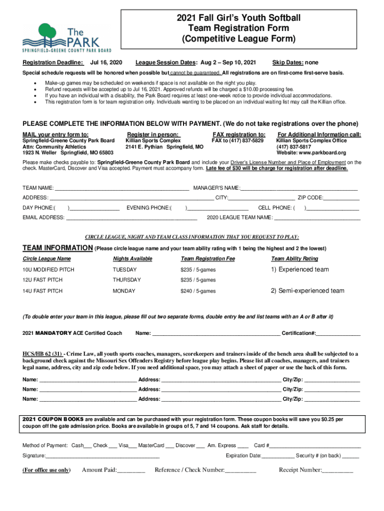 Fillable Online 2021 Fall Girl's Youth Softball Team Registration Form ...
