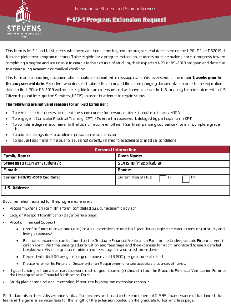 Fillable Online F-1/J-1 Program Extension Request Fax Email Print - pdfFiller