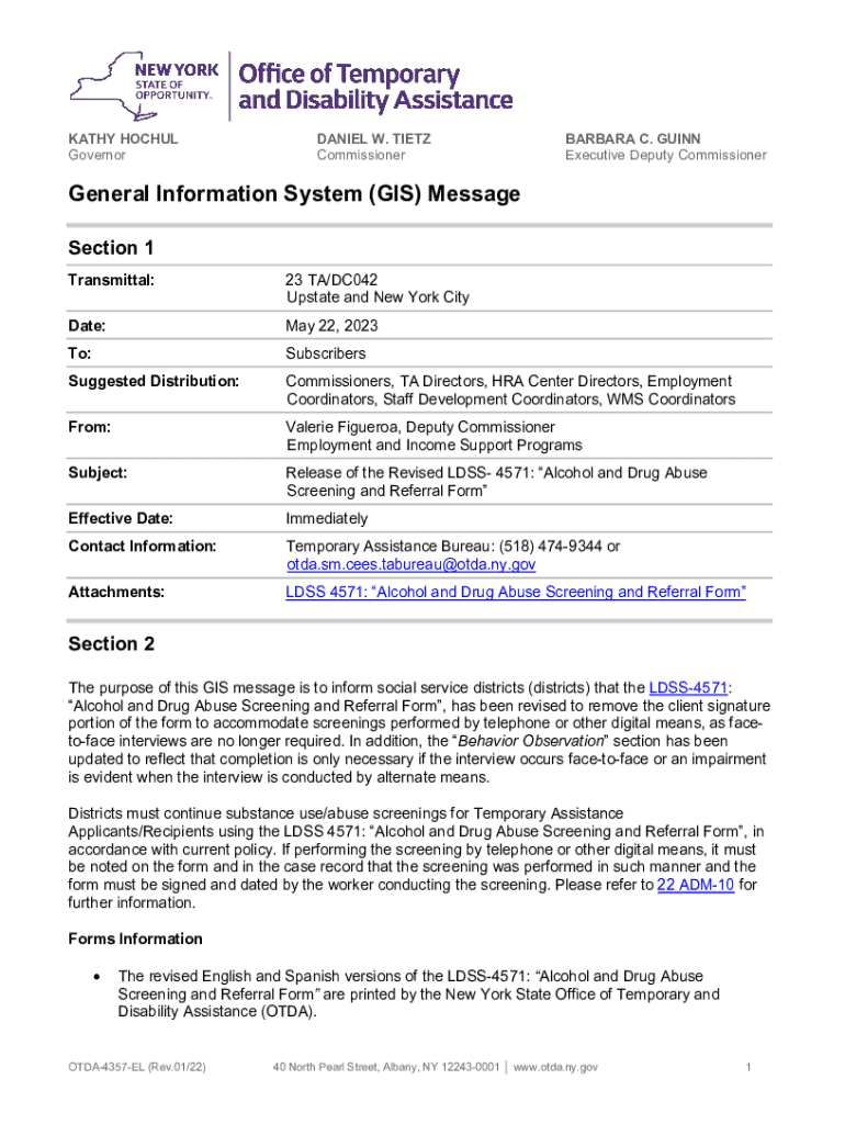 Fillable Online otda ny 23TA/DC042 release of the Revised LDSS 4571 ...
