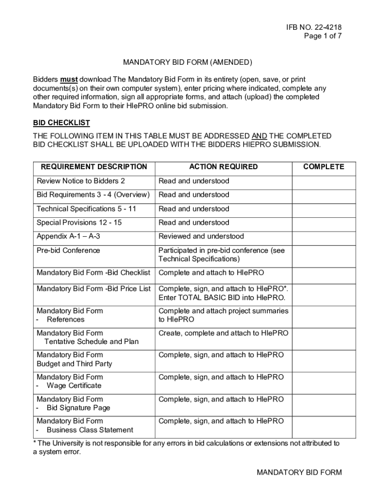 Fillable Online IFB NO. 22-4218 Page 1 of 7 MANDATORY BID FORM ... Fax ...