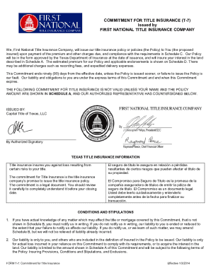 Fillable Online COMMITMENT FOR TITLE INSURANCE (Form T-7) Issued ...