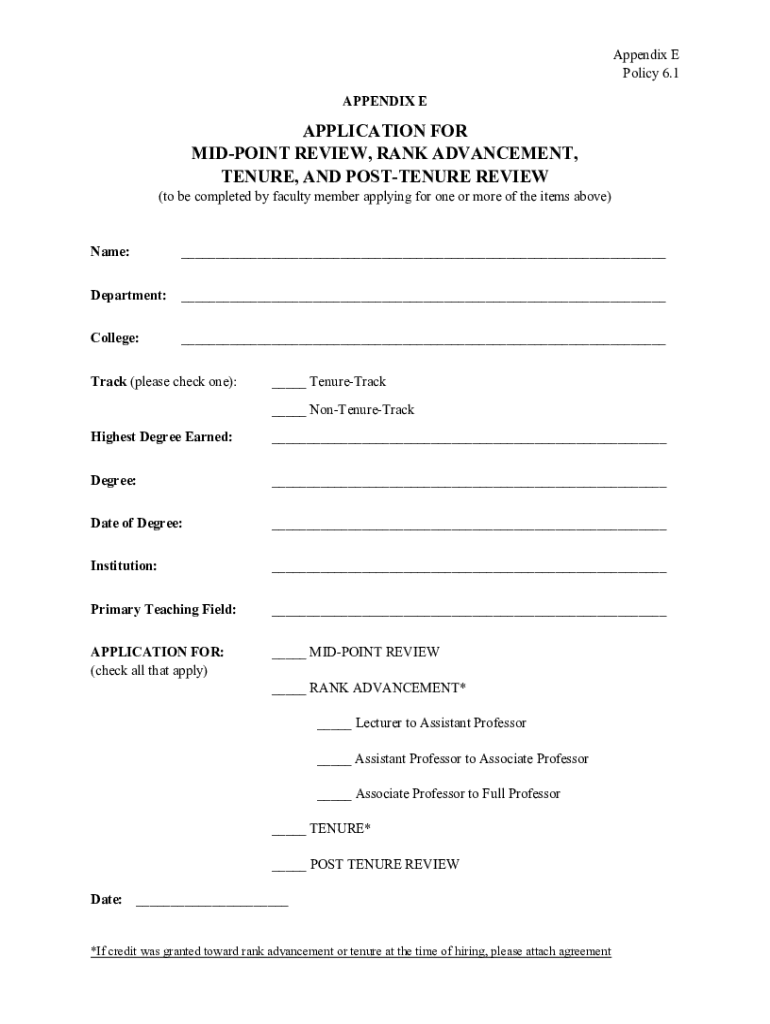 Fillable Online Appendix E Application for Pre-tenure Review, Promotion, and ... Fax Email Print ...