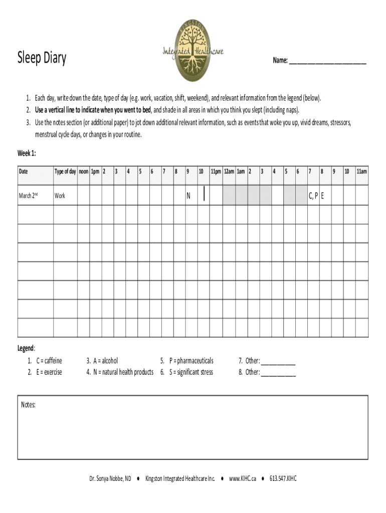 Fillable Online Weekly Sleep Log Name: Date: to Print out and fill in ...