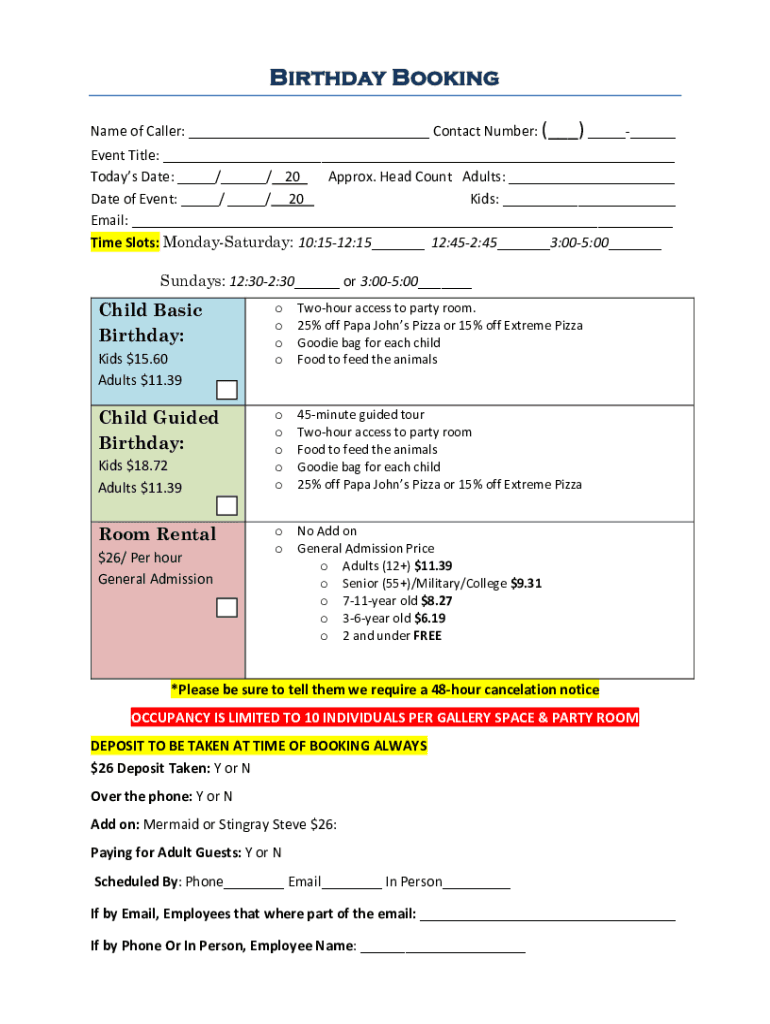 Fillable Online Birthday Booking Fax Email Print - pdfFiller