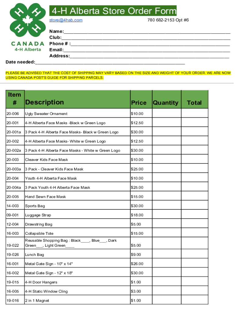 Fillable Online 4-H Alberta Store Order Form Fax Email Print - pdfFiller