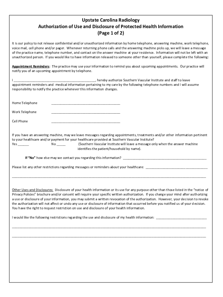 Fillable Online Upstate Carolina Radiology Authorization of Use and ...