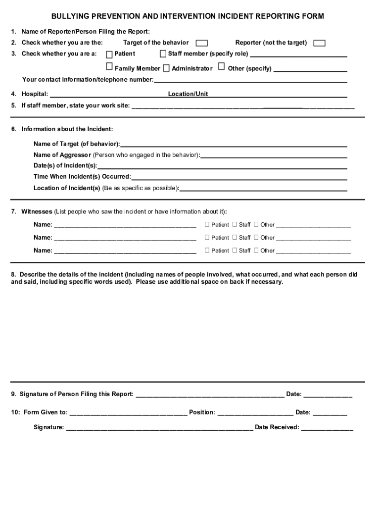 Fillable Online Bullying incident form Fax Email Print - pdfFiller