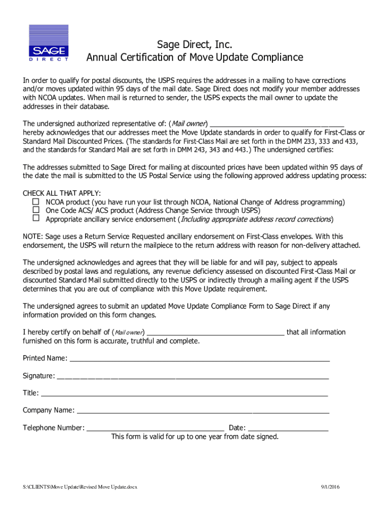 Fillable Online Sage Direct, Inc. Annual Certification of Move Update ... Fax Email Print ...