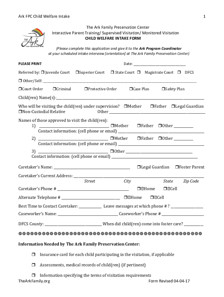 Fillable Online Intake For Supervised Visitation Electronic Form Fax ...