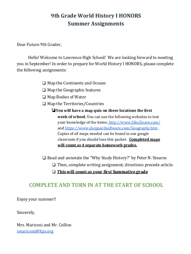 Fillable Online 9th Grade World History I HONORS Summer Assignments Fax Email Print - pdfFiller