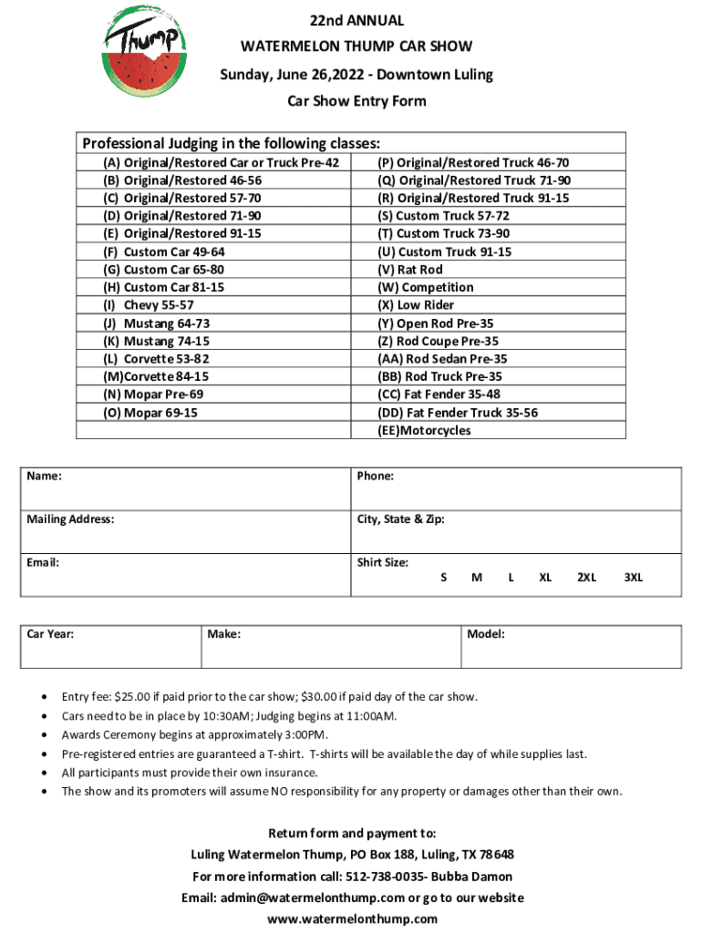 Fillable Online Downtown Luling Car Show Entry Form Professional ...
