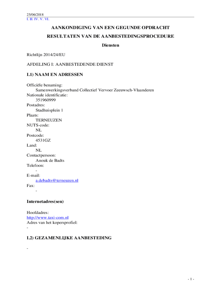 Invulbaar Online AANKONDIGING VAN EEN GEGUNDE OPDRACHT Faxnummer Email Afdrukken - pdfFiller