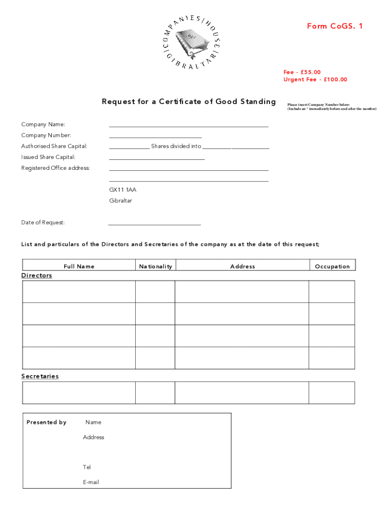 Fillable Online Form CoGS. 1 Request for a Certificate of Good Standing ...