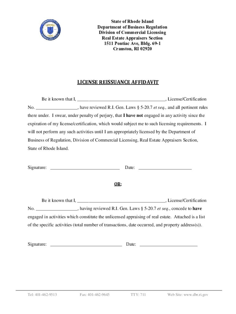 Fillable Online dbr ri License Reissuance Affidavit Fax Email Print - pdfFiller