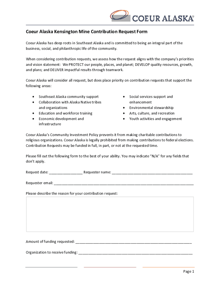 Fillable Online Coeur Alaska Kensington Mine Contribution Request Form ...