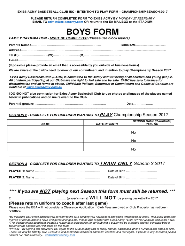 Fillable Online EXIES-ACMY BASKETBALL CLUB INC - INTENTION TO PLAY FORM ...
