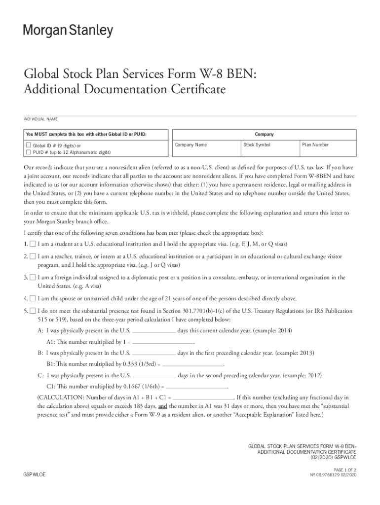 Fillable Online Global Stock Plan Services Form W-8 BEN: Additional ...