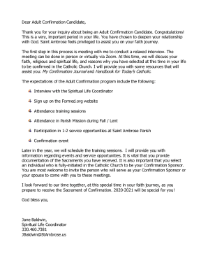 Fillable Online Dear Adult Confirmation Candidate, Thank you for your ...