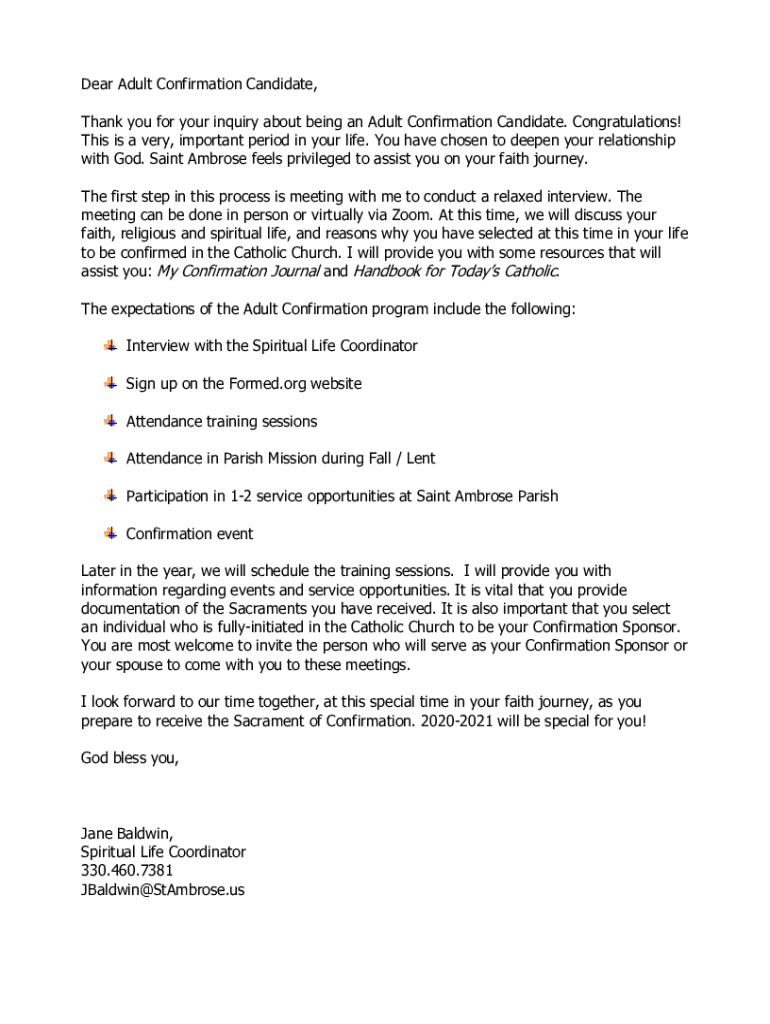 Fillable Online Dear Adult Confirmation Candidate, Thank you for your ...