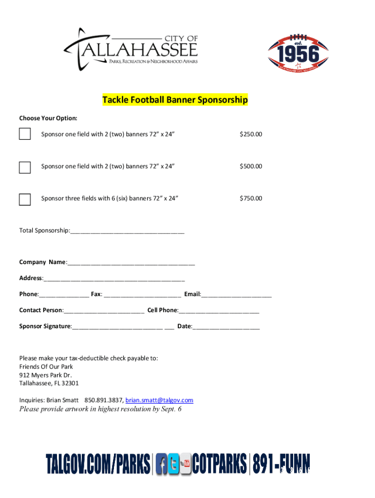Fillable Online Tackle Football Banner Sponsorship Fax Email Print ...