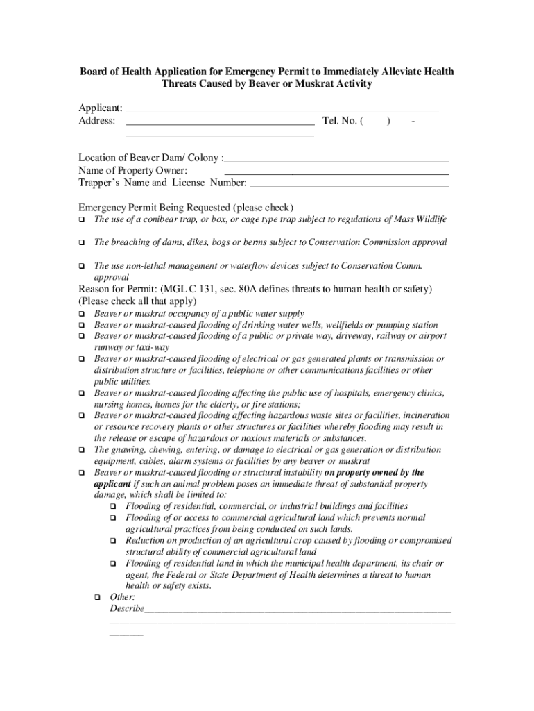 Fillable Online Board of Health Application for Emergency Permit to ...