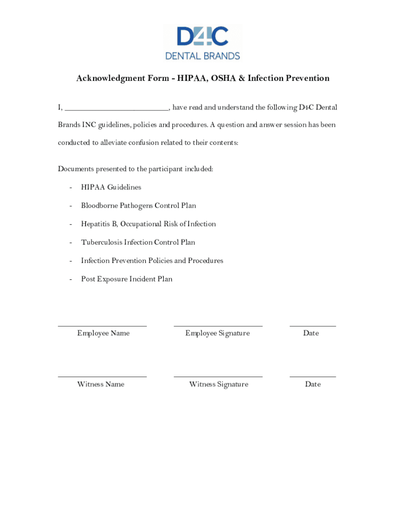 Fillable Online Acknowledgment Form - HIPAA, OSHA & Infection ...