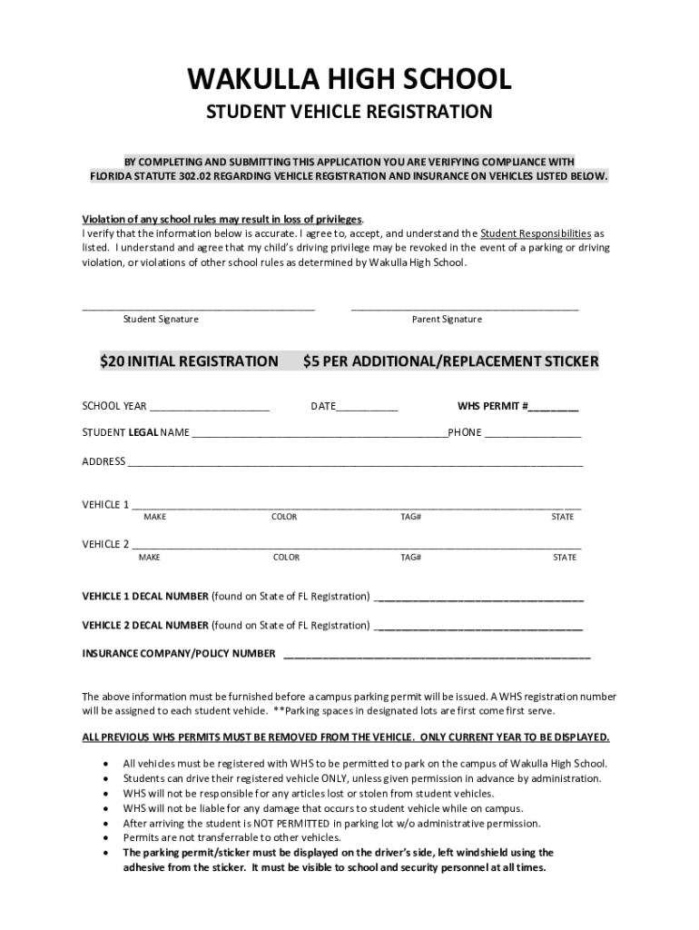 Fillable Online wakulla high school - student vehicle registration Fax ...