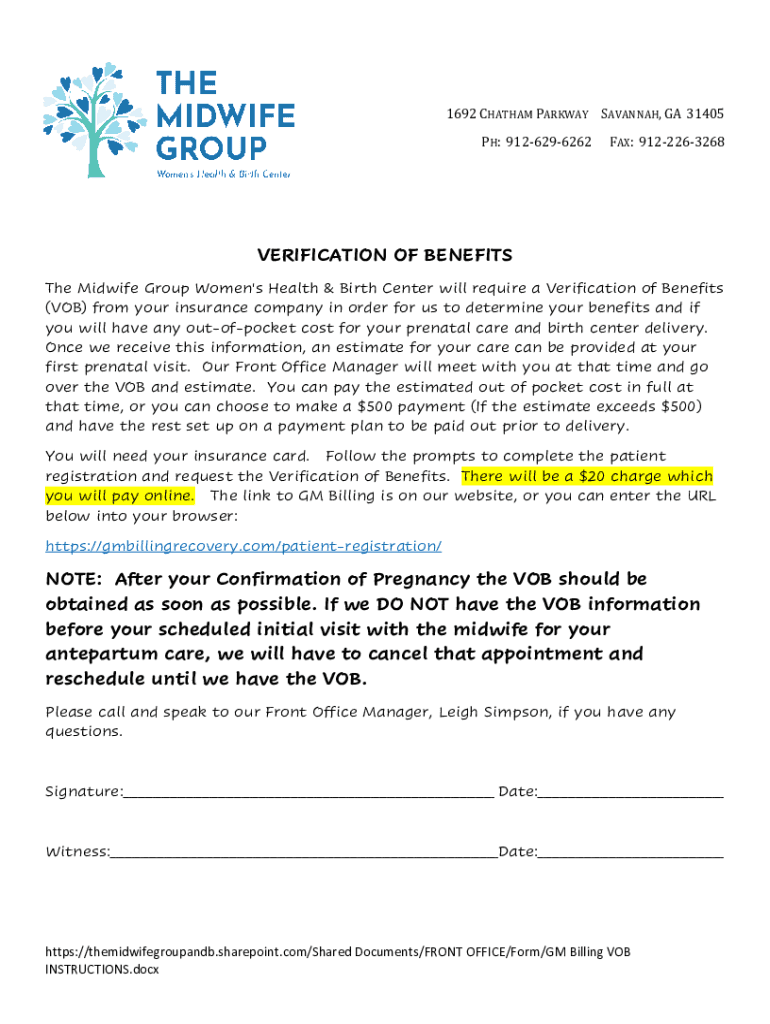 Fillable Online After your Confirmation of Pregnancy the VOB should be ...