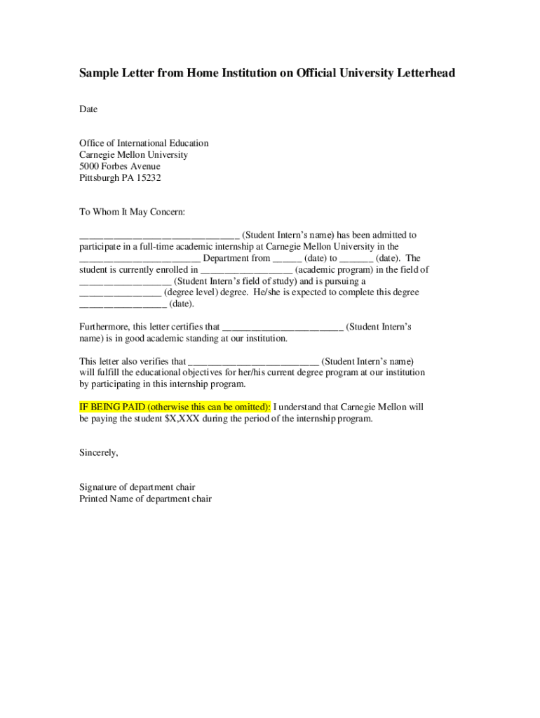 Fillable Online Sample Letter From Home Institution on Official ...