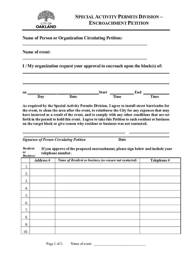 Fillable Online special activity permits divisionencroachment petition ...