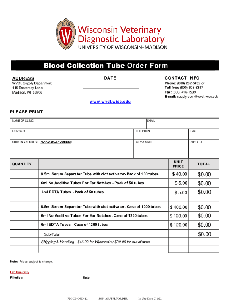 Fillable Online WVDL Blood Collection Tube Order Form Fax Email Print - pdfFiller