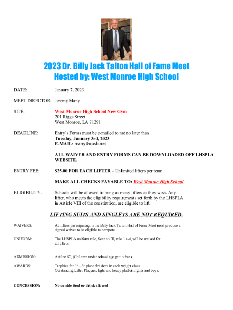 Fillable Online 2023 Dr. Billy Jack Talton Hall of Fame Meet Hosted by ...