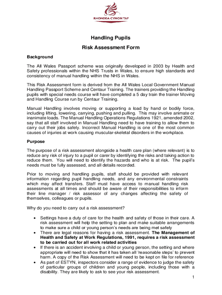 Fillable Online Handling Pupils Risk Assessment Form Fax Email Print ...