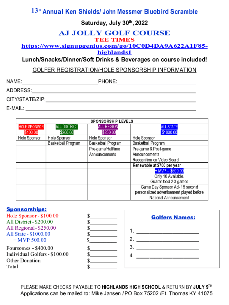 Fillable Online 13th Annual Ken Shields/ John Messmer Bluebird Golf ...