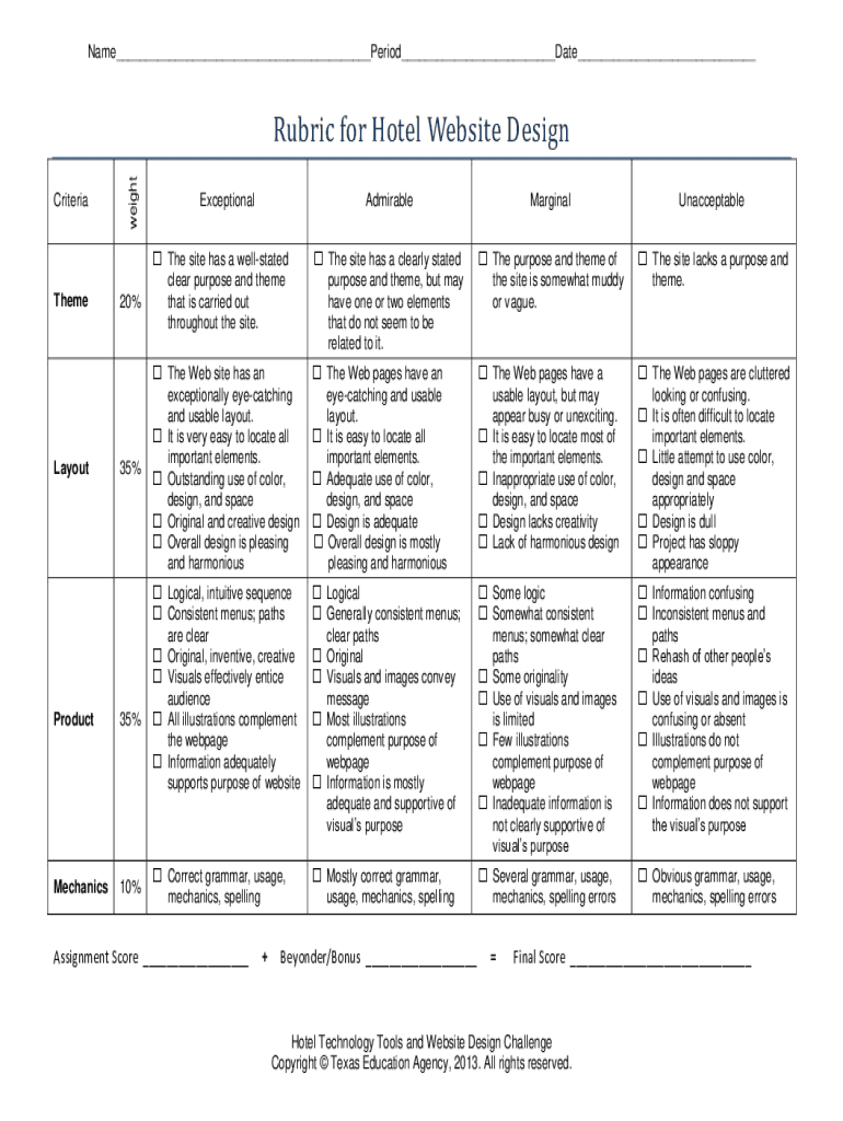 Fillable Online Rubric for Hotel Website Design. Hospitality and ...