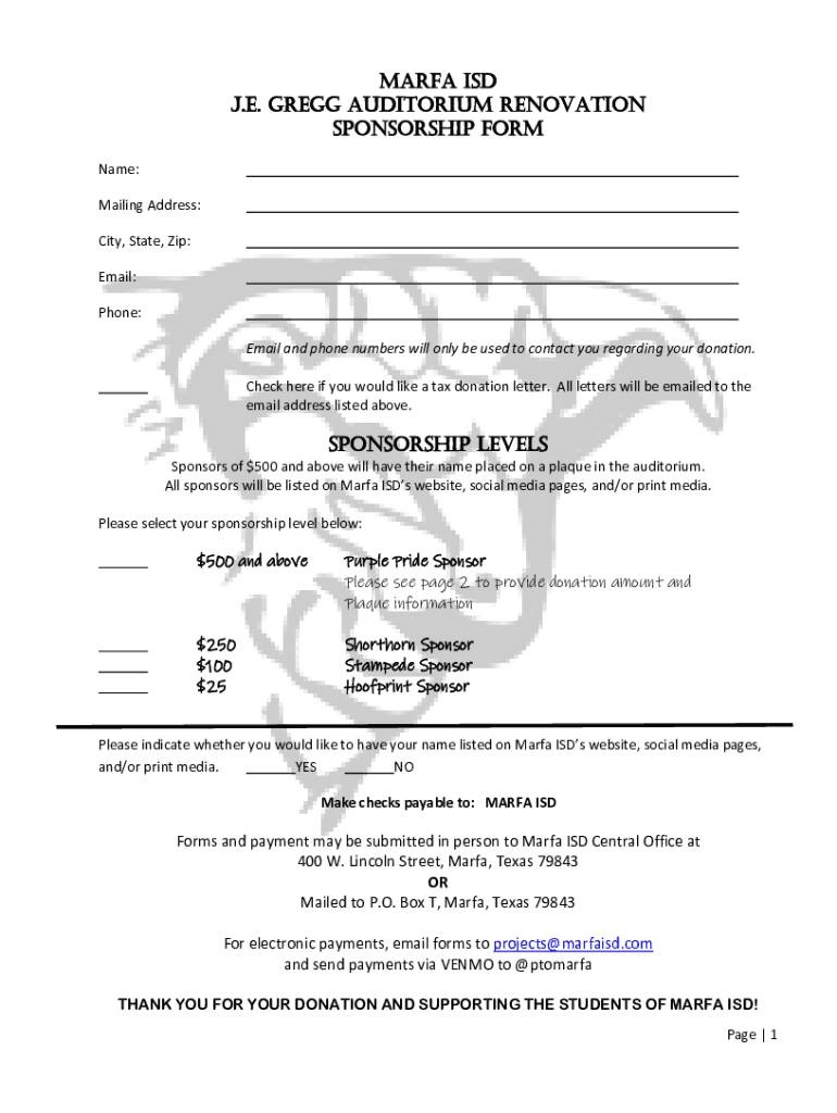 Fillable Online marfa isd je gregg auditorium renovation sponsorship ...