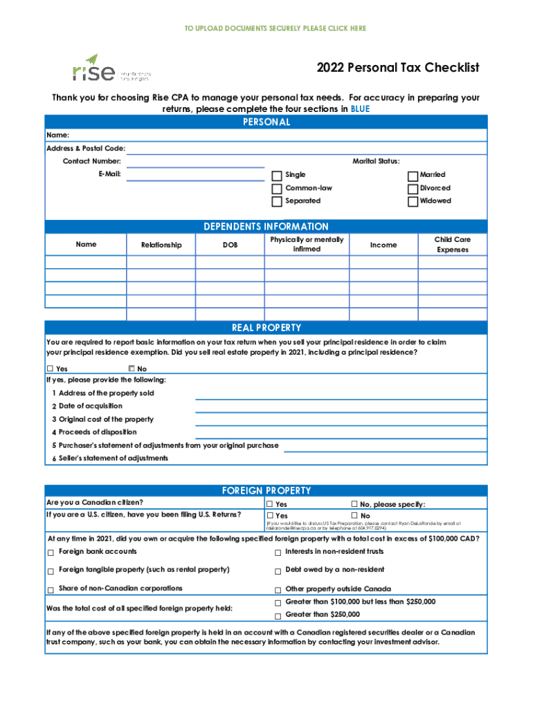 Fillable Online 2022 Personal Tax Checklist Rise CPA Fax Email Print ...