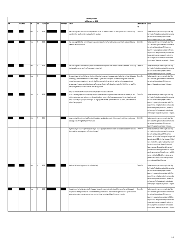Fillable Online Comment Response Matrix Public Open House Fax Email ...